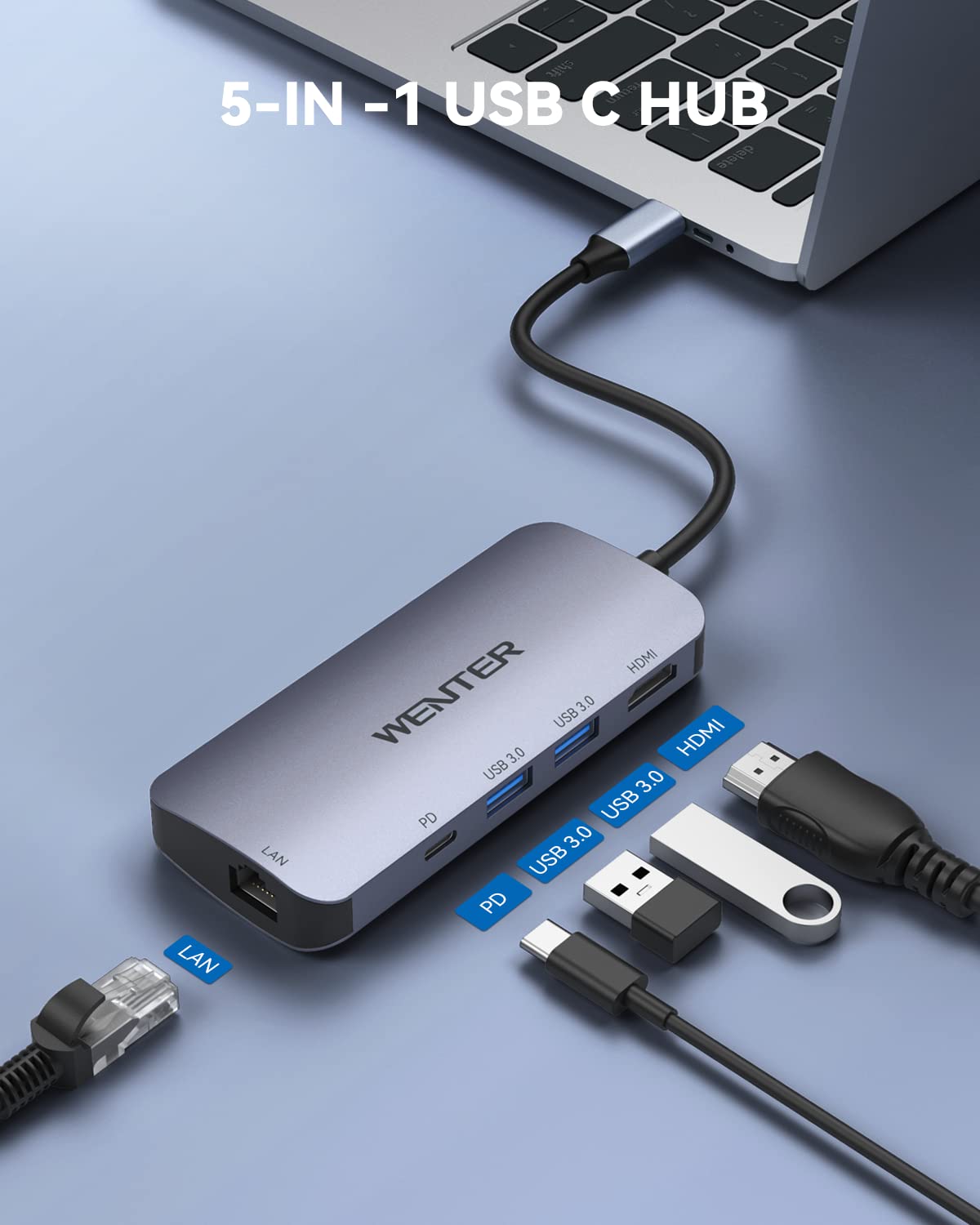 USB C Hub,ใ๐ฎ๐ฌ๐ฎ๐ฎ ๐ก๐ฒ๐ใ 5-in-1 USB C Hub Multiport Adapter with 4K HDMI, 1Gbps Ethernet, 100W Power Delivery, 2 USB 3.0 Data Ports for MacBook Pro, iPad Pro, XPS, Pixelbook, and More