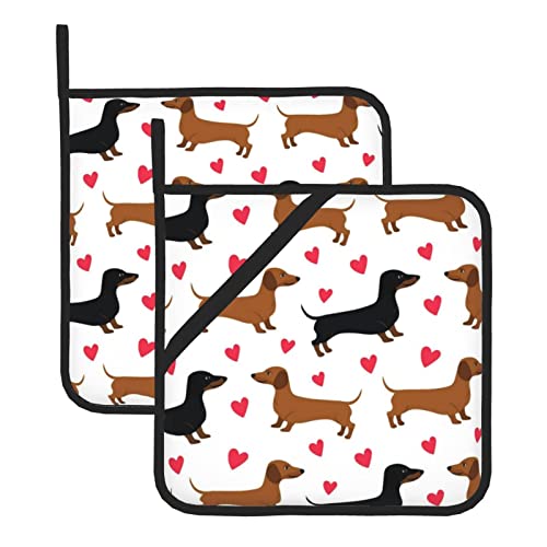 Romantic Dachshunds Set of 2 Square Insulated Pot Holders, Kitchen Baking, Pot Holders Sets, One with Pocket and One Without Pocket