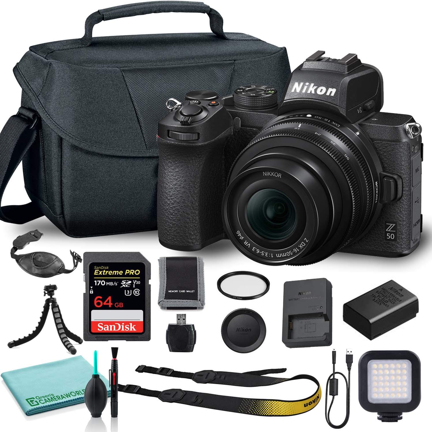 Nikon Z50 Mirrorless Digital Camera with 16-50mm Lens (1633) + Camera Bag + 46mm UV Filter + SanDisk 64GB Extreme PRO Memory Card + Hand Strap + Portable LED Video Light + More (Renewed)
