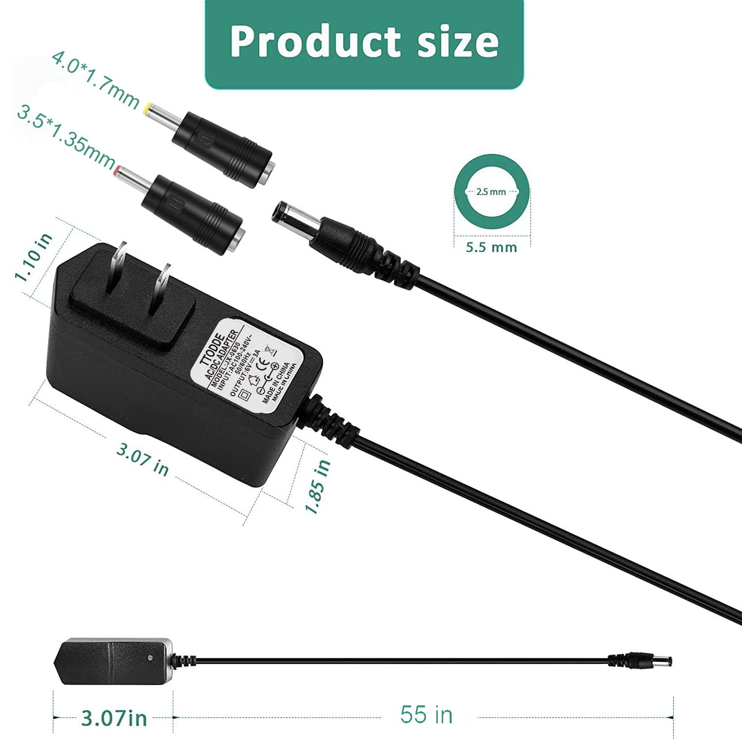 TTODDE AC/DC Adapter 6V 3A 2.5A 2A 1.5A 1A 800ma 500ma 300ma Power Supply Adapter 6V Power Cord 18W 100-240V 50-60Hz DC 6Volt 3000mA Power Adapter Chrager Compatible Most DC 6V Devices