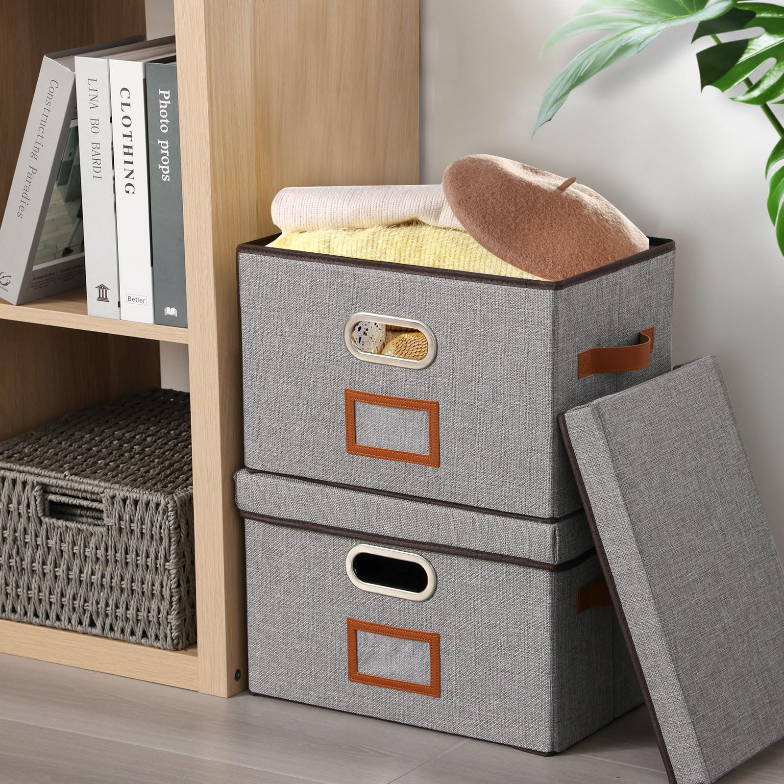 OUTBROS 4-Pack Large Collapsible Storage Bins with Lids, Foldable Fabric Storage Boxes Organizer Containers Baskets Cube with Label Window, for Home Bedroom Office, 13 * 9 * 7.9in Gray