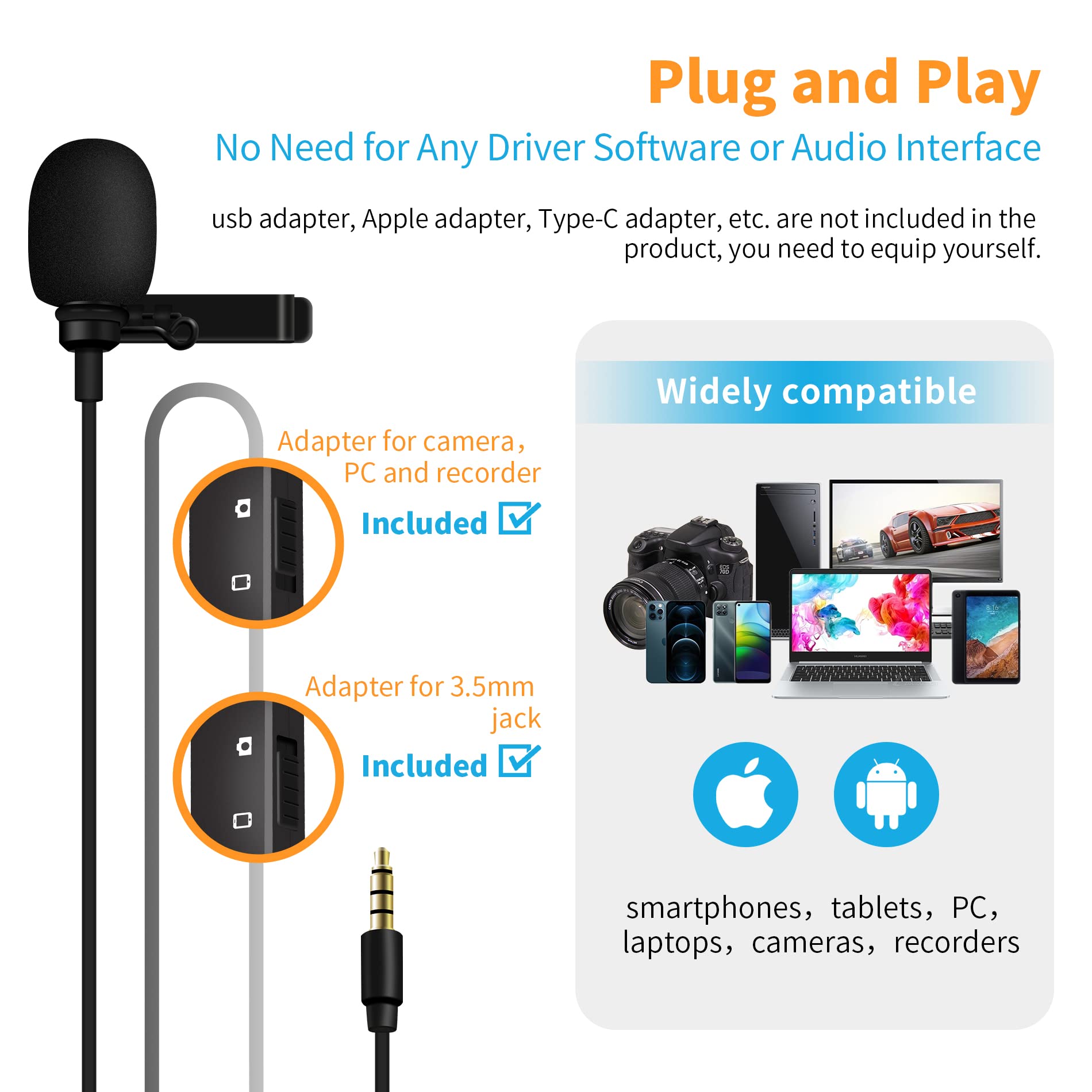 REALMIC Professional Lavalier Omnidirectional Condenser Microphone for iPone and Android Smartphone Audio Video Recording, Plug and Play-for YouTube Tiktok Podcast Interviews
