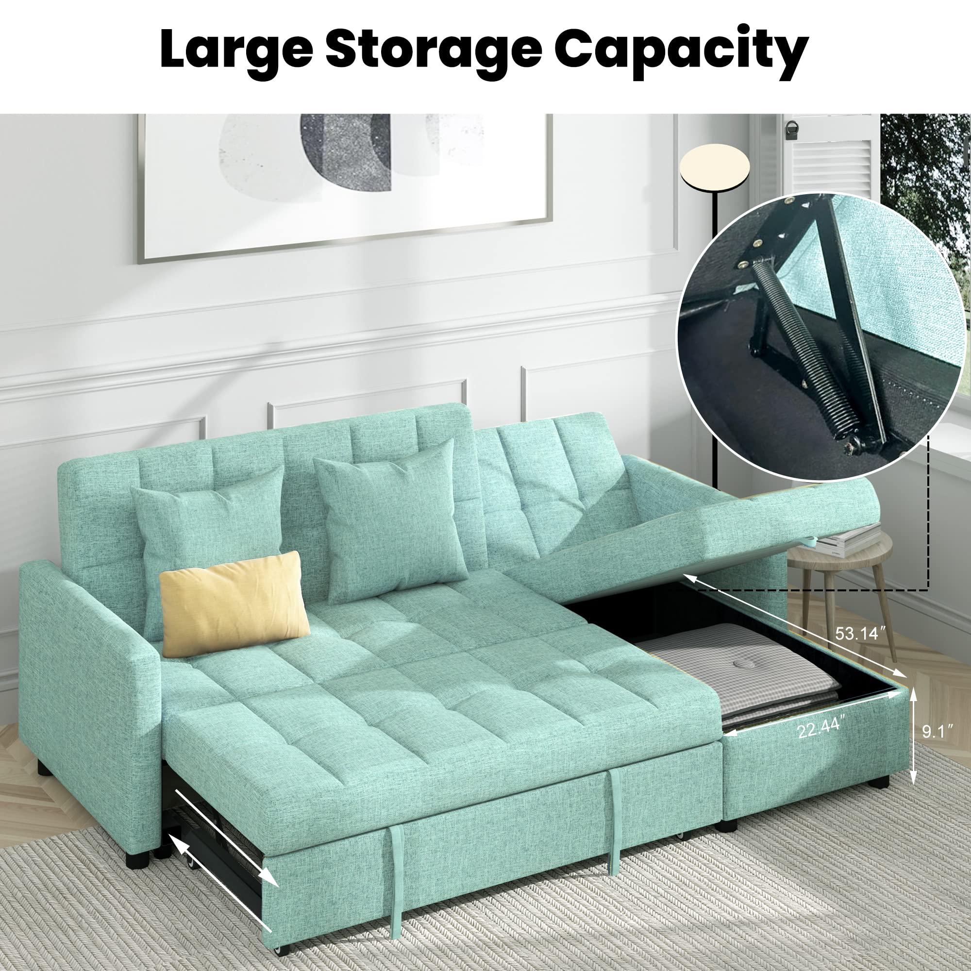 POVISON Reversible Sectional Sofa Sleeper, 82'' Wide Sectional Couch Pull-Out Sofa Bed L-Shape Upholstered Sofa Bed with Storage Chaise for Living Room (Green)