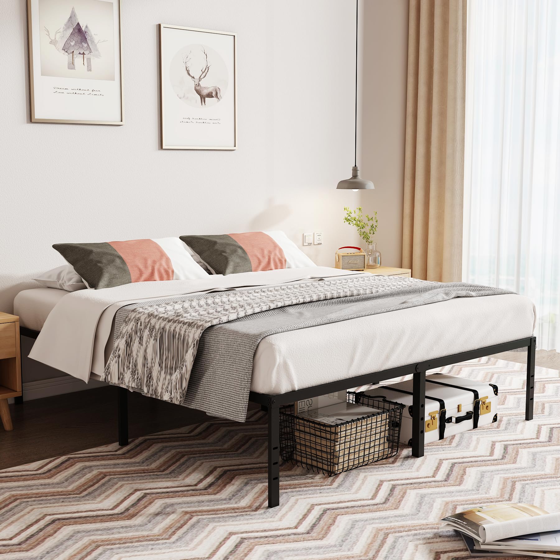 Mavesmog Full Size Bed Frame 14 inch High Metal Platform Heavy Duty Full Bed Frame Sturdy Steel Slat Support Foundation Bed Frames No Box Spring Needed, Under Bed Storage, Easy Assembly