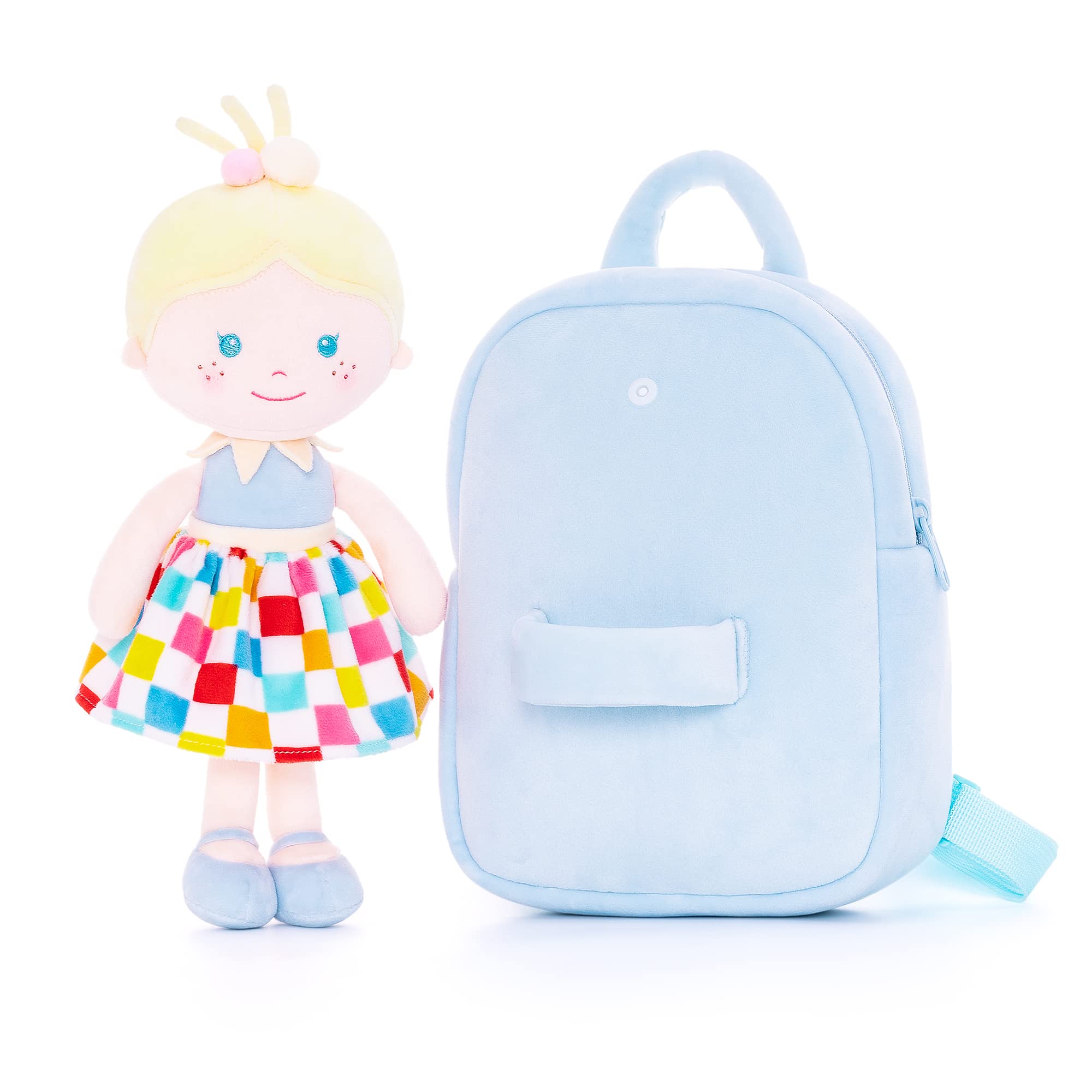 Onetoo Toddler Kids Backpack with Soft Baby Dolls in Plaid Dress 9.5"