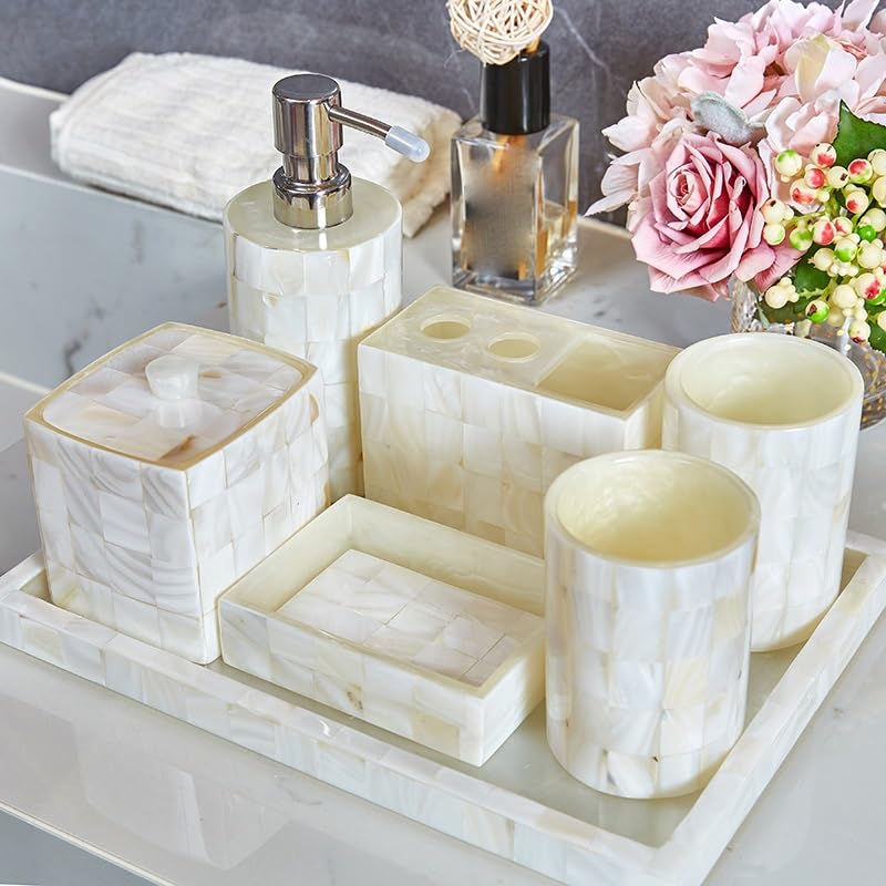 MKYOKO Resin Bathroom Supplies Set Cup with Tray Accessories Toothbrush Holder Soap Dispenser Soap Dish Mouth (D Light Grey)