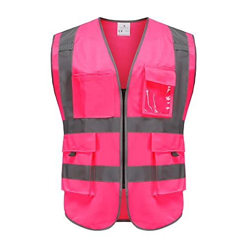 VICRR High Visibility Safety Vest with Reflective Strips, 9 Pockets Zipper Front, Construction Work Vest (Pink, s)