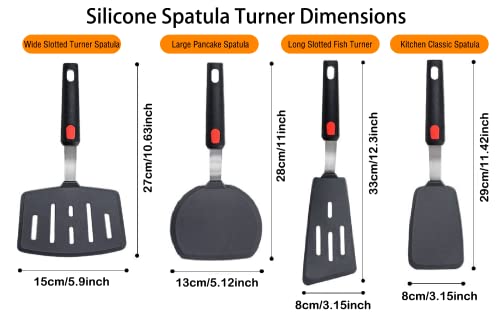 Silicone Spatula Turner, 4-Pack Spatulas 600°F Heat Resistant Set for Nonstick Cookware, Kitchen Cooking Utensils BPA Free Rubber Egg, Crepe, Pancake,Burger,Fish