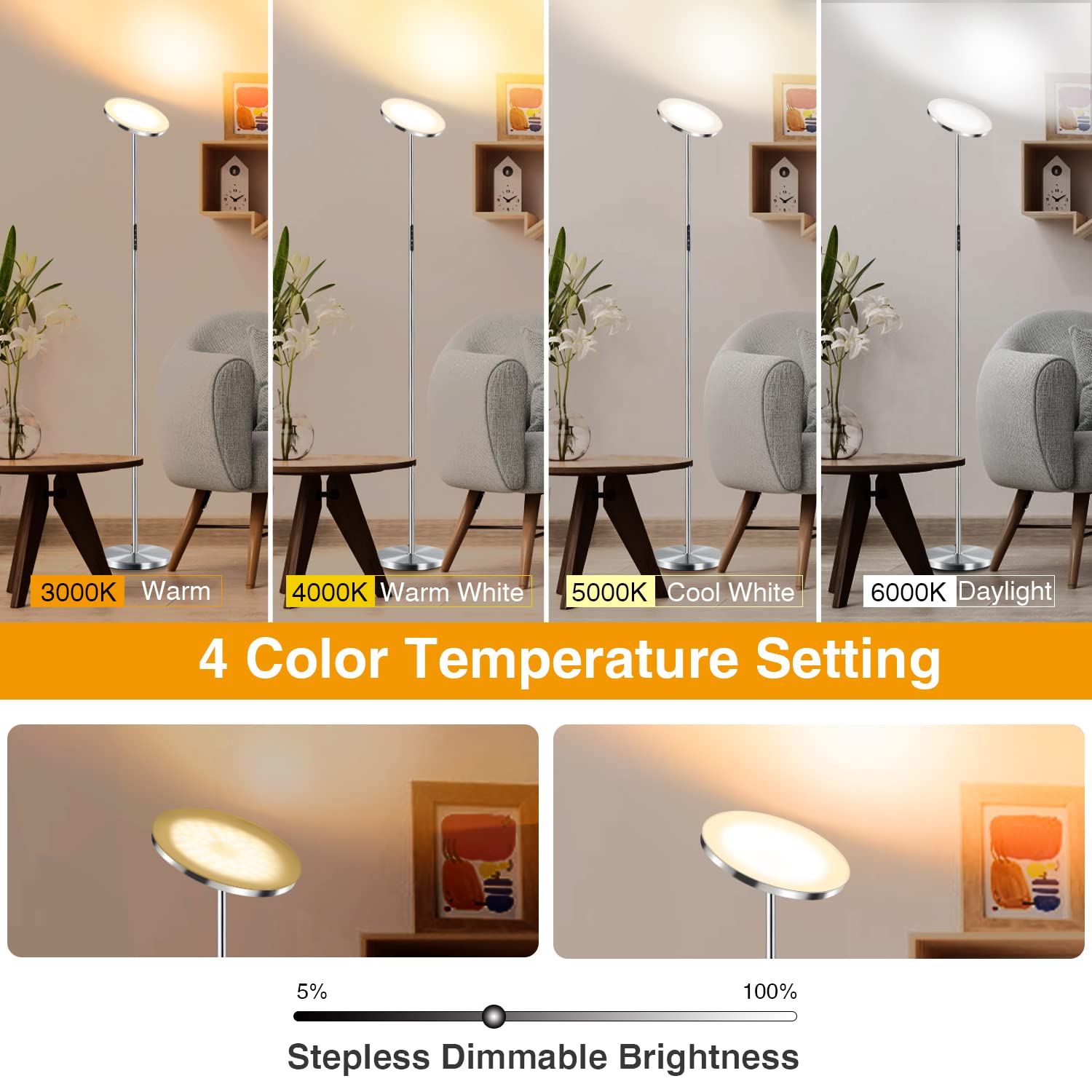 OUTON Floor Lamp, 30W 3000LM LED Modern Torchiere Sky Lamp, Bright Dimmable Standing Lamp with 4 Color Temperatures, Remote Touch Control, 1 Hour Timer for Living Room Bedroom Office, Brushed Steel