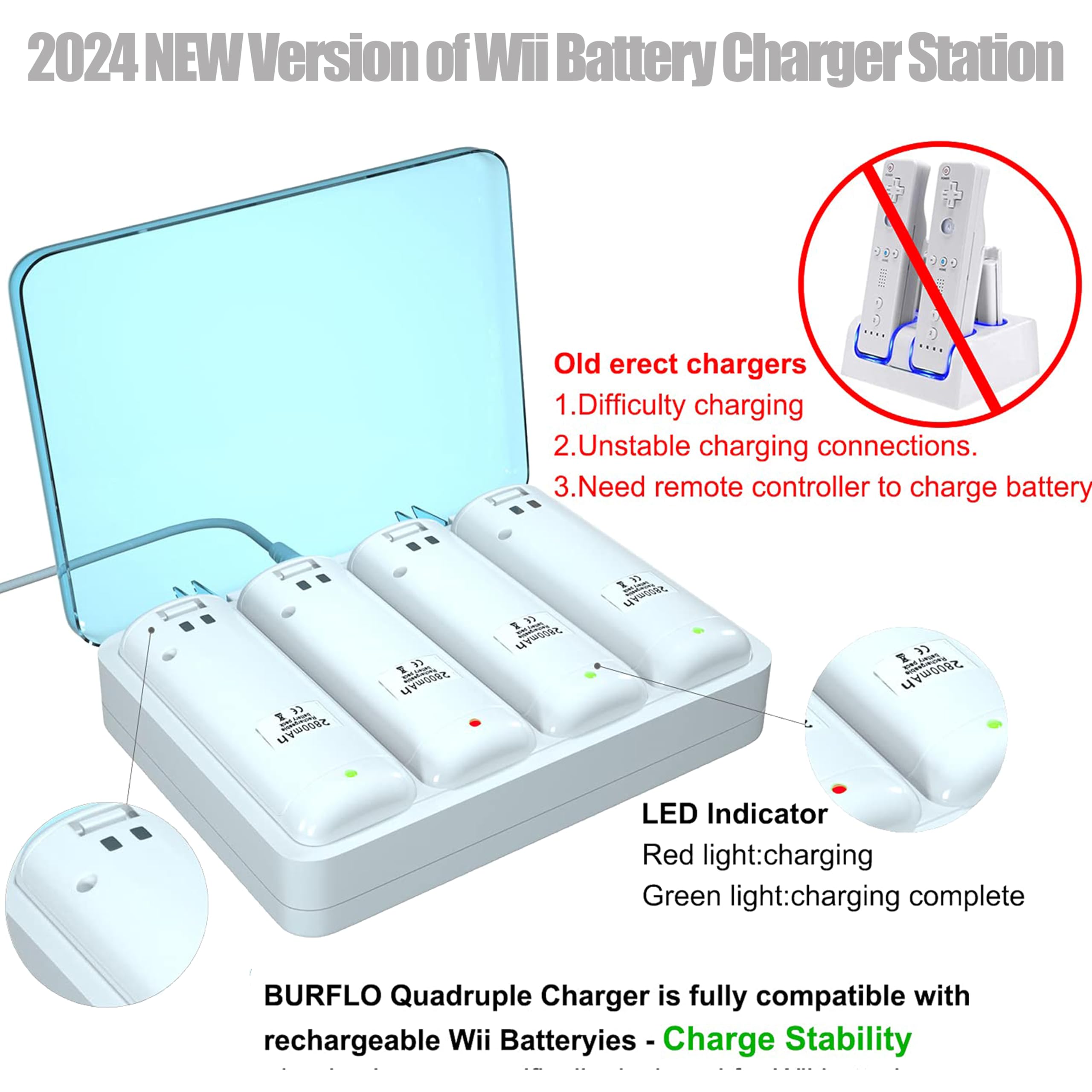 Rechargeable 4 Pack Battery Pack for Wii/Wii U Remote Controller,2800mAh Replacement Batteries and 4 Ports Charger Station for Wii/Wii U Remote Controller Battery Pack,wii Remote Charger-BURFLO