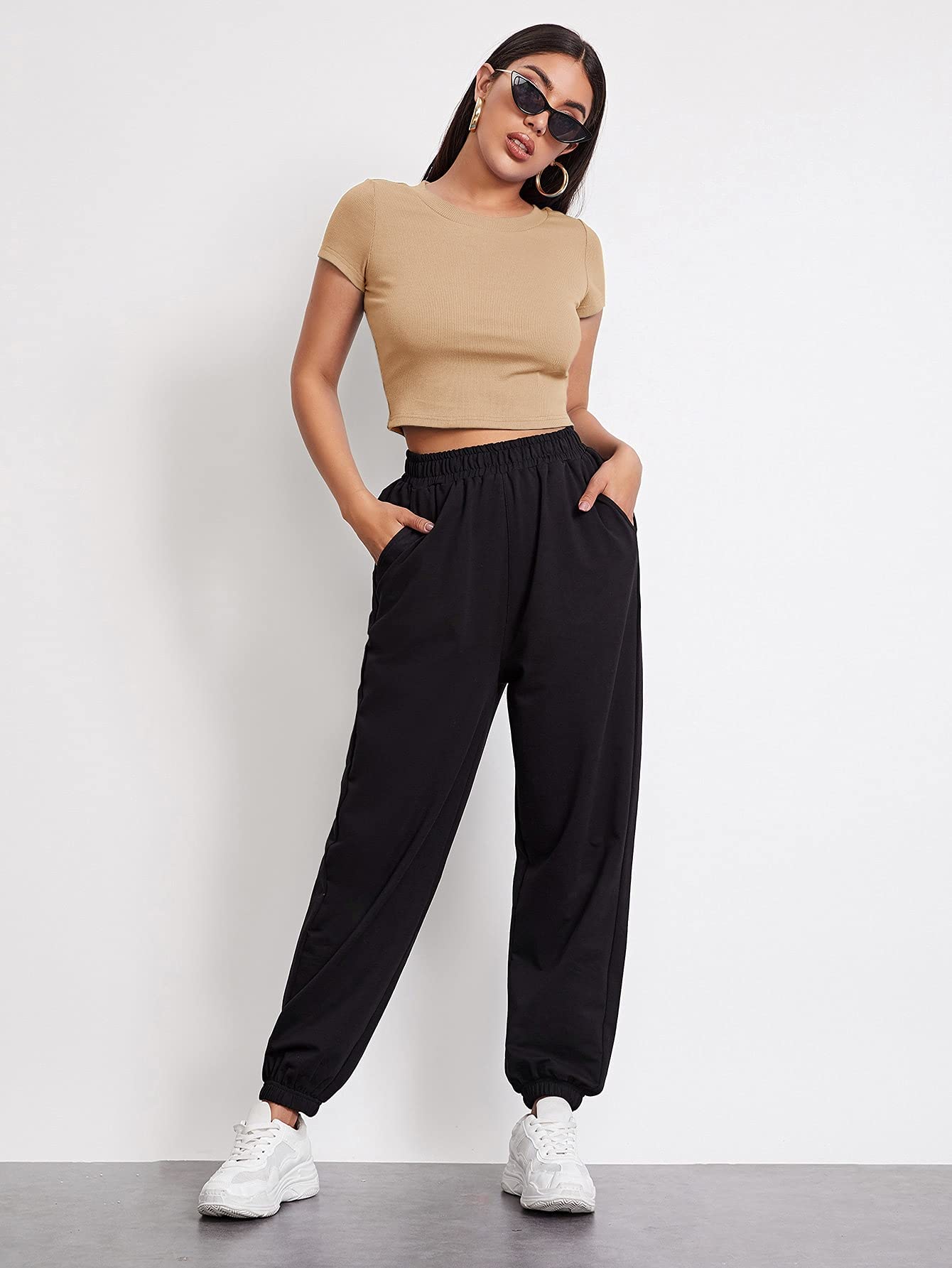 Romwe Women's Casual Summer Crop Top Solid Short Sleeve Workout Crop Blouse Tee T-Shirt Khaki S