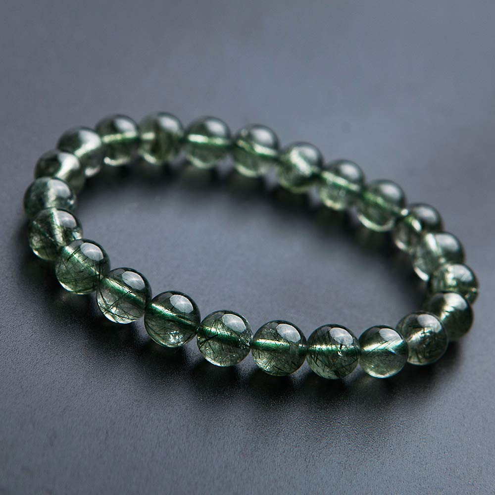 Natural Green Rutilated Quartz Gemstone Rare Round Beads Women Bracelet 8mm AAAA
