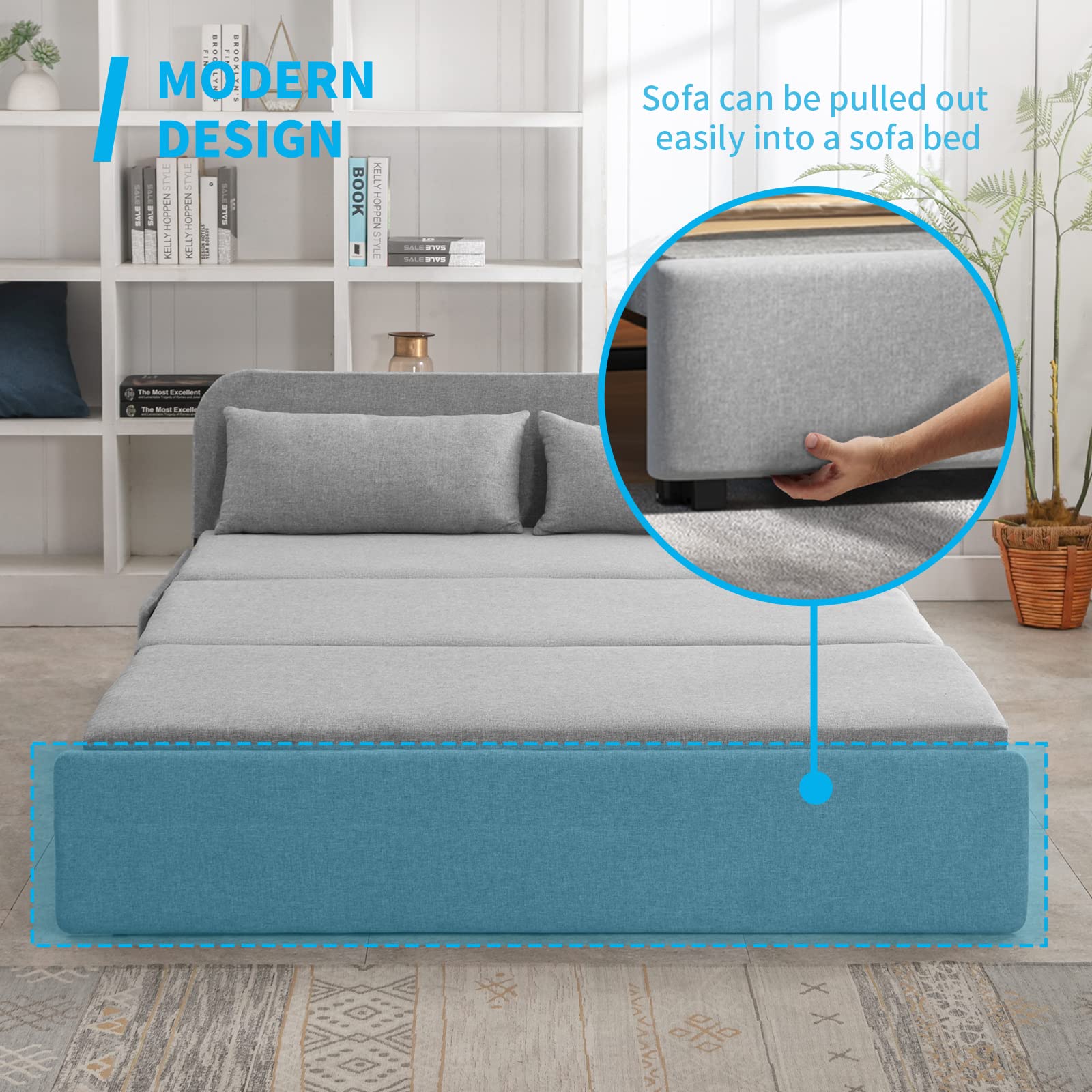 Mjkone Twin Size Pull out Sofa bed, 2-in-1 Modern Pull out Linen Sleeper Sofa Couch, Revesible couch bed with Cushions&Throw Pillows for Small place/Apartment/Living Room/Office/Studio(Light Gray)