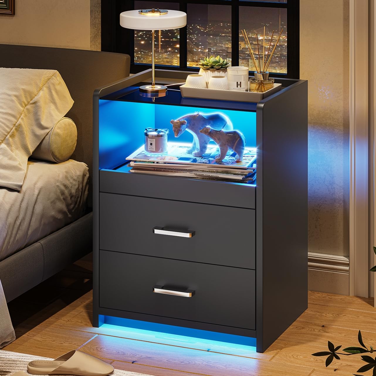 MSmask Black Nightstand with Charging Station and LED Lights, Glass Top Night Stand with Pull-Out Shelf, LED Nightstand with Sliding Drawers, Modern Bedside Tables with Open Storage for Bedroom, Dorm