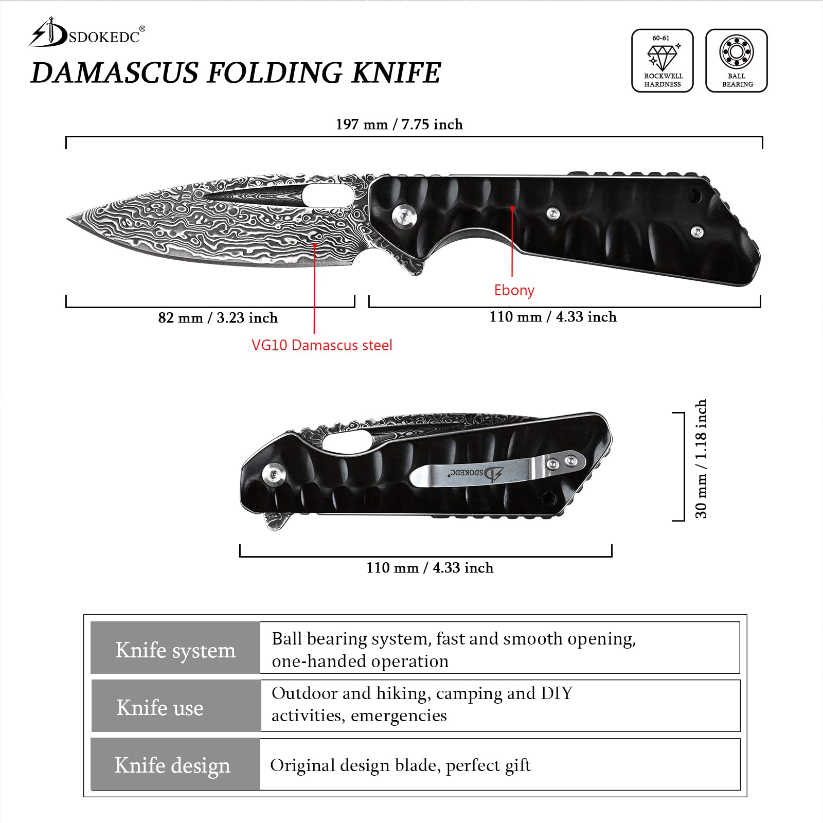 SDOKEDC Tactical Knives Damascus Pocket Knife for Men Handmade Folding Knife with Liner Lock for Outdoor EDC Camping Hunting Survival (SD611A)