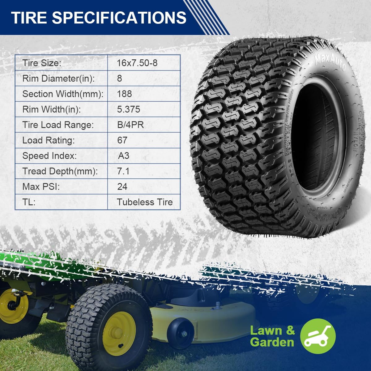 MaxAuto 16x7.50-8 16x7.5x8 Turf Saver Lawn Mower Tire 4PLY, Set of 2