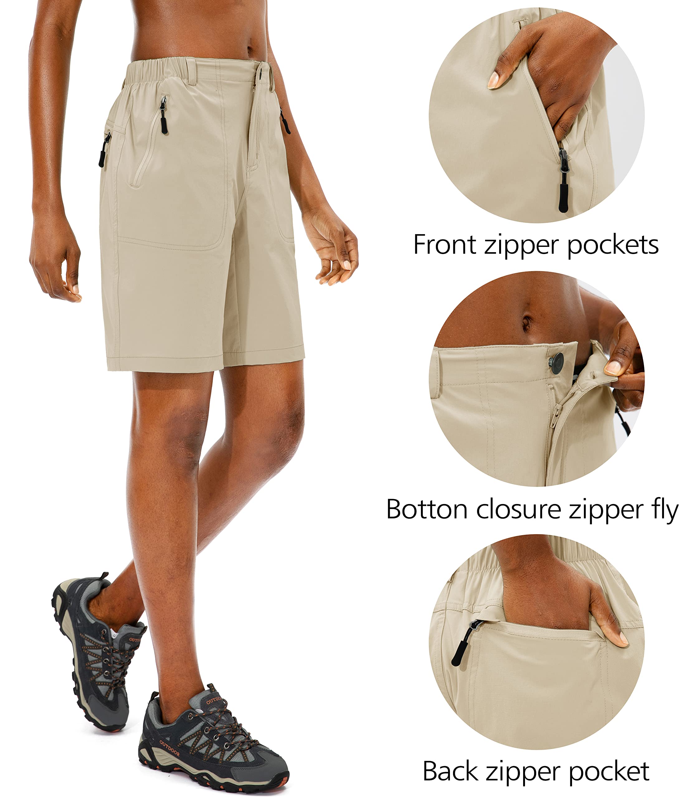 Pudolla Women's Quick Dry Stretch Hiking Shorts Lightweight UPF50+Shorts for Women with Zipper Pockets (Khaki Large)