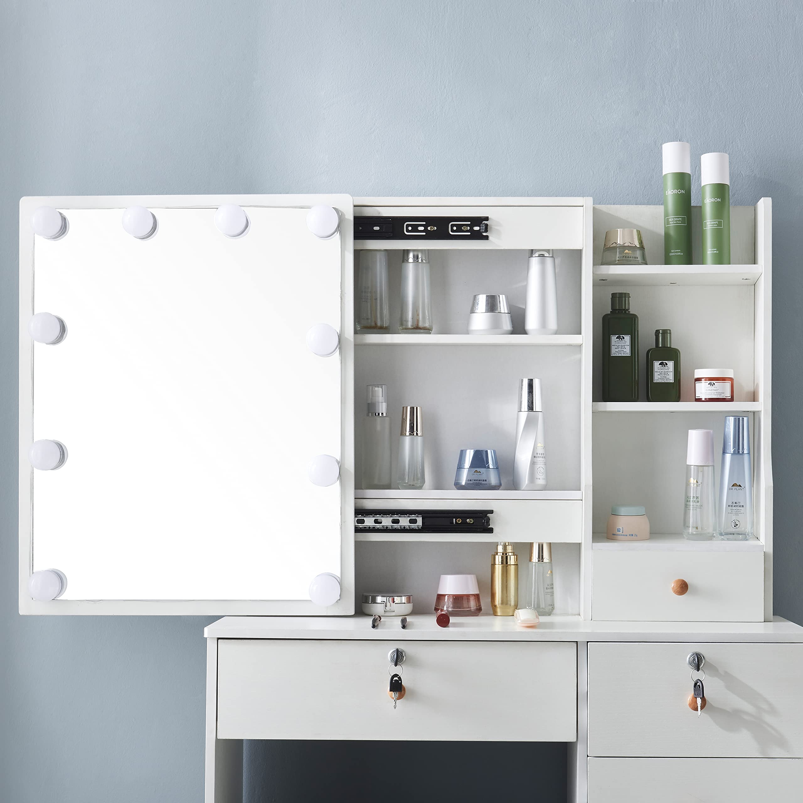 Makeup Vanity Dressing Table with 10 LED Lights Mirror, Makeup Vanity Desk with 5 Drawers, Modern Vanity Set, Vanity Table with Stool for Bedroom(White)