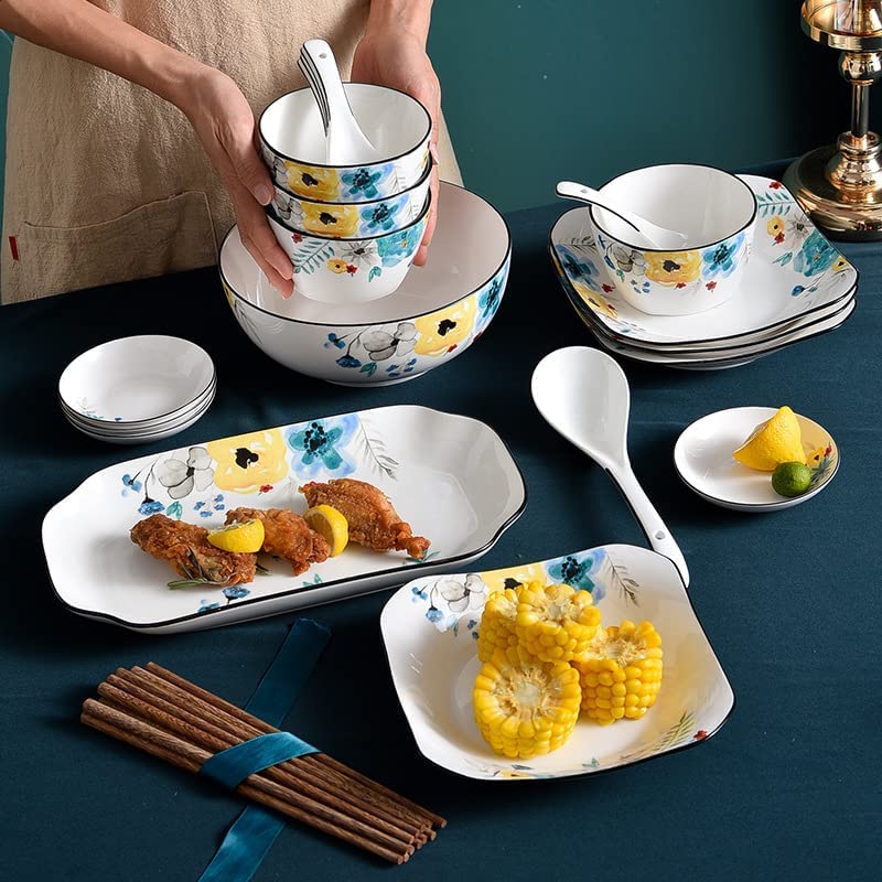SILINE 29 PCS Dinnerware sets for 6,China Plates Bowls Sushi Dishes,Chopsticks and Spoons,Painted White Porcelain Tableware Set