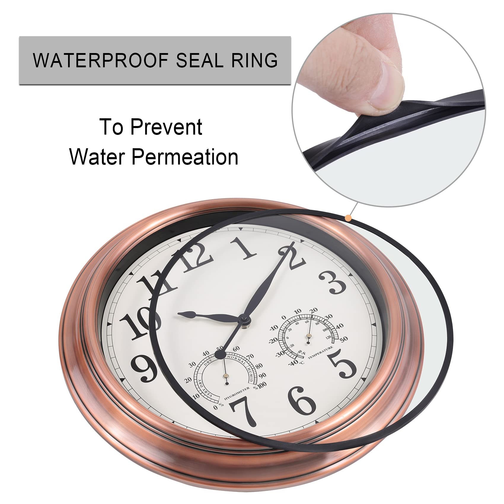 Vigorwise 16 inch Outdoor Wall Clock, Metal Waterproof Wall Clock with Temperature & Humidity, Large Non-Ticking Wall Clocks, Silent Wall Clock for Patio Garden Bathroom