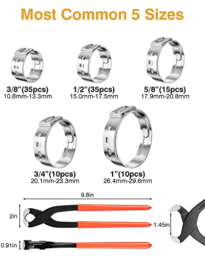 VIGRUE 304 Stainless Steel Single Ear Hose Clamps with Pincer, 105PCS 3/8'' to 1'' Stepless Hose Clamps with Pipe Clamp Tool, Pex Cinch Clamps Rings Tool Assortment Kit