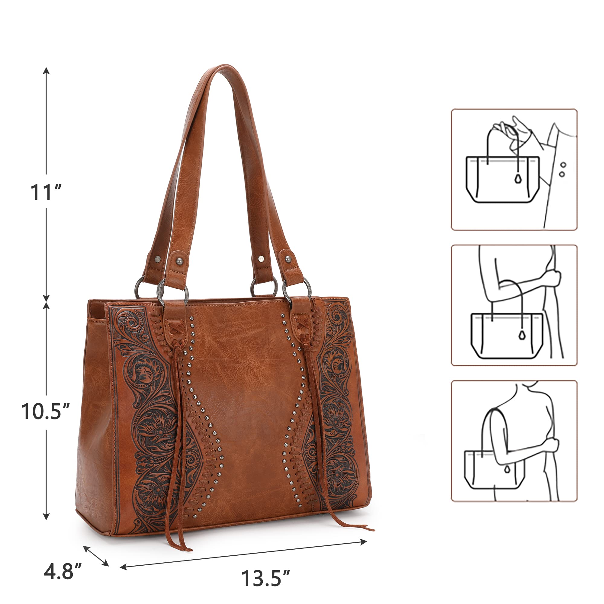 Montana West Trinity Ranch Floral Tooling Hand Bags Purses for Women Tote Bag Western Purse Large Shoulder Handbag with Wallet Set TR147G-8036BR+W