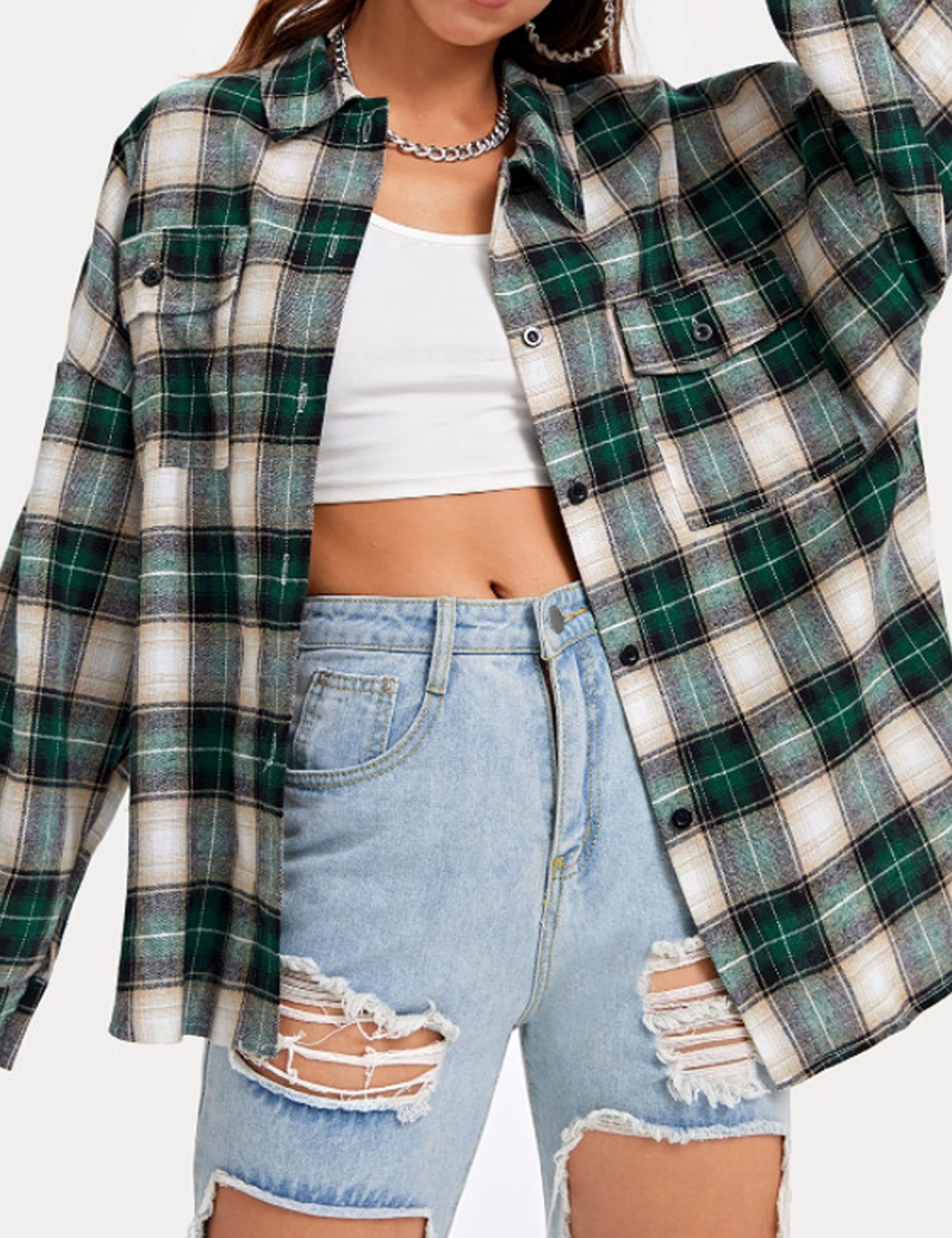 Lumister Womens' Spring Oversized Flannel Plaid Shirt Long Sleeve Drop Shoulder Lapel Button Down Shirt Blouse Tops(0075-Olive-L)