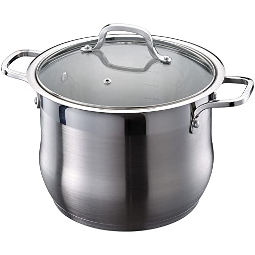 Stainless Steel Stockpot 9.1Qt Mirror Polished Soup Pot with Glass Lid,Pasta Pot with Interior Measurement Markings,Cooking Pots Compatible with All Heat Sources,Easy Clean & Dishwasher Safe