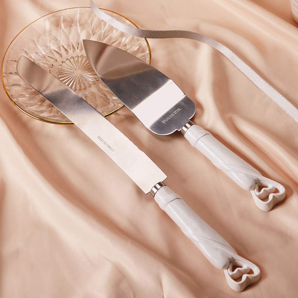 PowerKing Classic Double Heart Design Cake Knife and Server Set, Wedding Supplies-Stainless Steel Cake Knife and Server Set for Wedding, Birthday, Anniversaries (Double Heart)