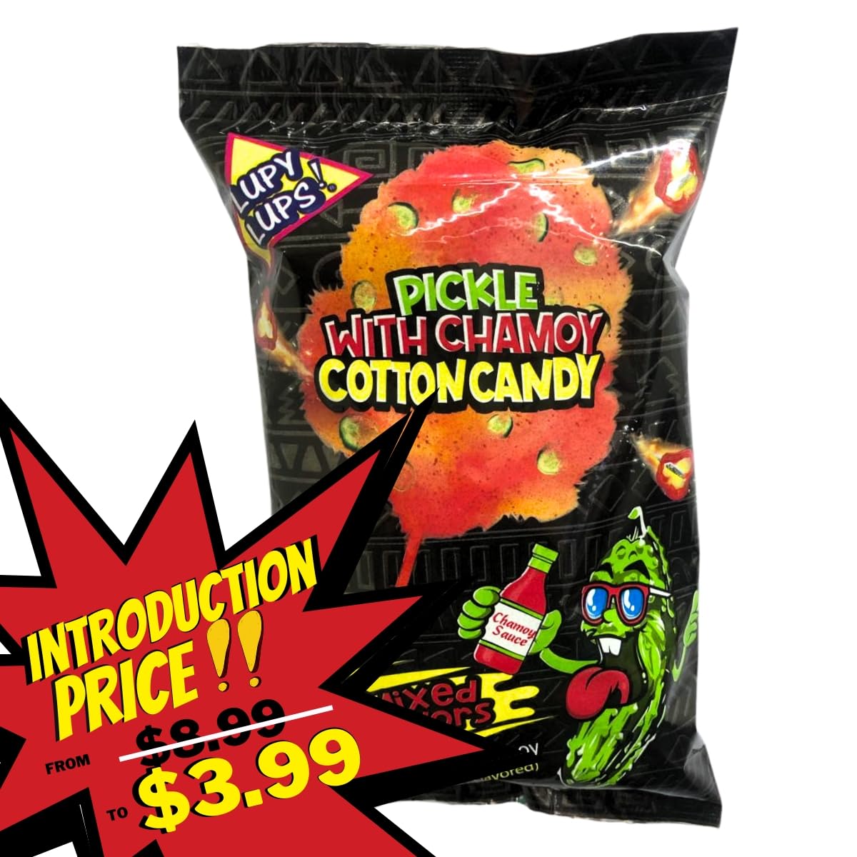 Lupy Lups! Cotton Candy Pickle with Chili Chamoy- Family Size 5 oz - Drinks Topper - Margaritas Cocktails- Party Piñata