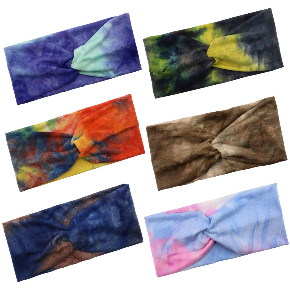NODG 6 Pieces Tie Dye Headbands for Women - Knot Turban Headbands, Boho Knotted Yoga Head Wraps, Criss Cross Bands