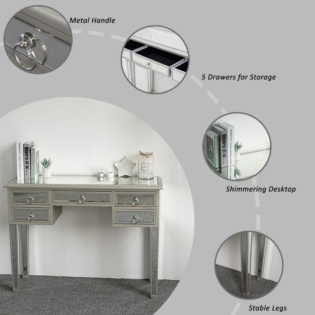 MTFY Mirrored Console Table,Mirrored Makeup Vanity Table Desk, 5 Drawer Media Console Table for Women Home Office Writing Desk Smooth Finish with Ring Knobs (5 Drawer,Silver)