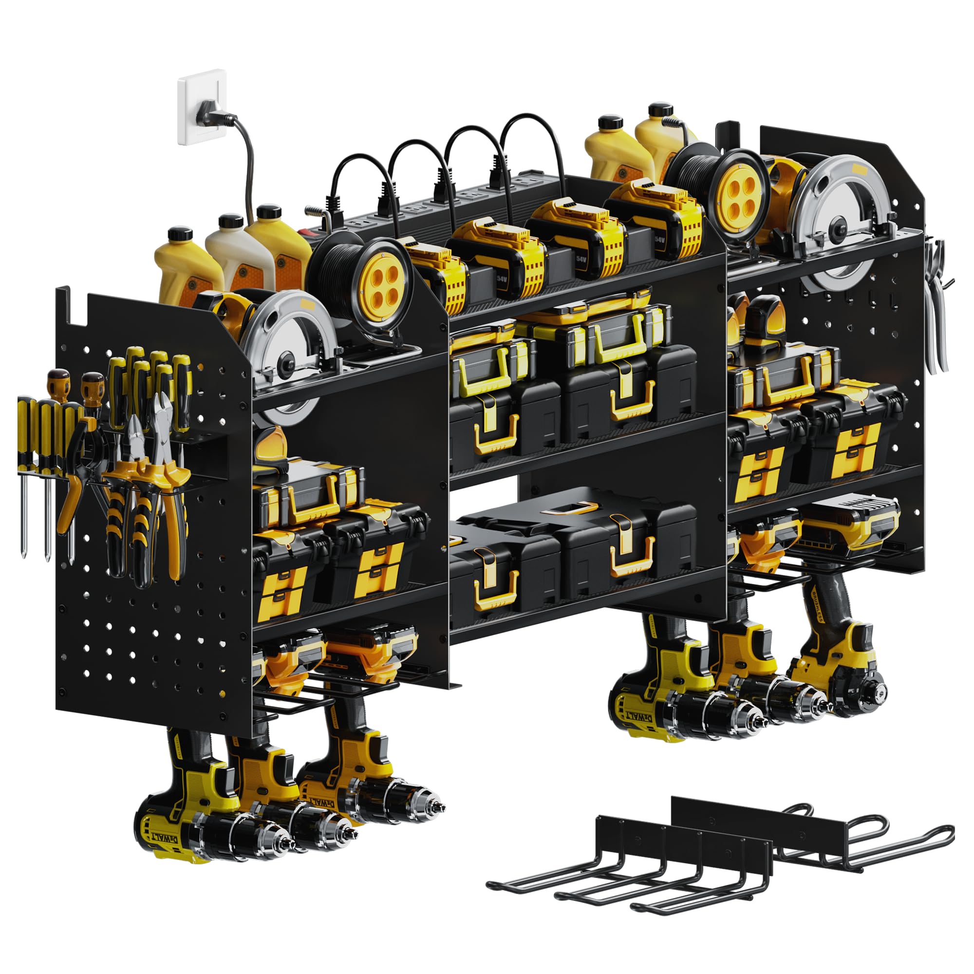 WIWIDRM Upgrade Large Power Tool Organizer Wall Mount with Charging Station Tool Storage Rack with 6.5FT Power Strip 10 Drill Holder and Storage Rack for Garage Organization