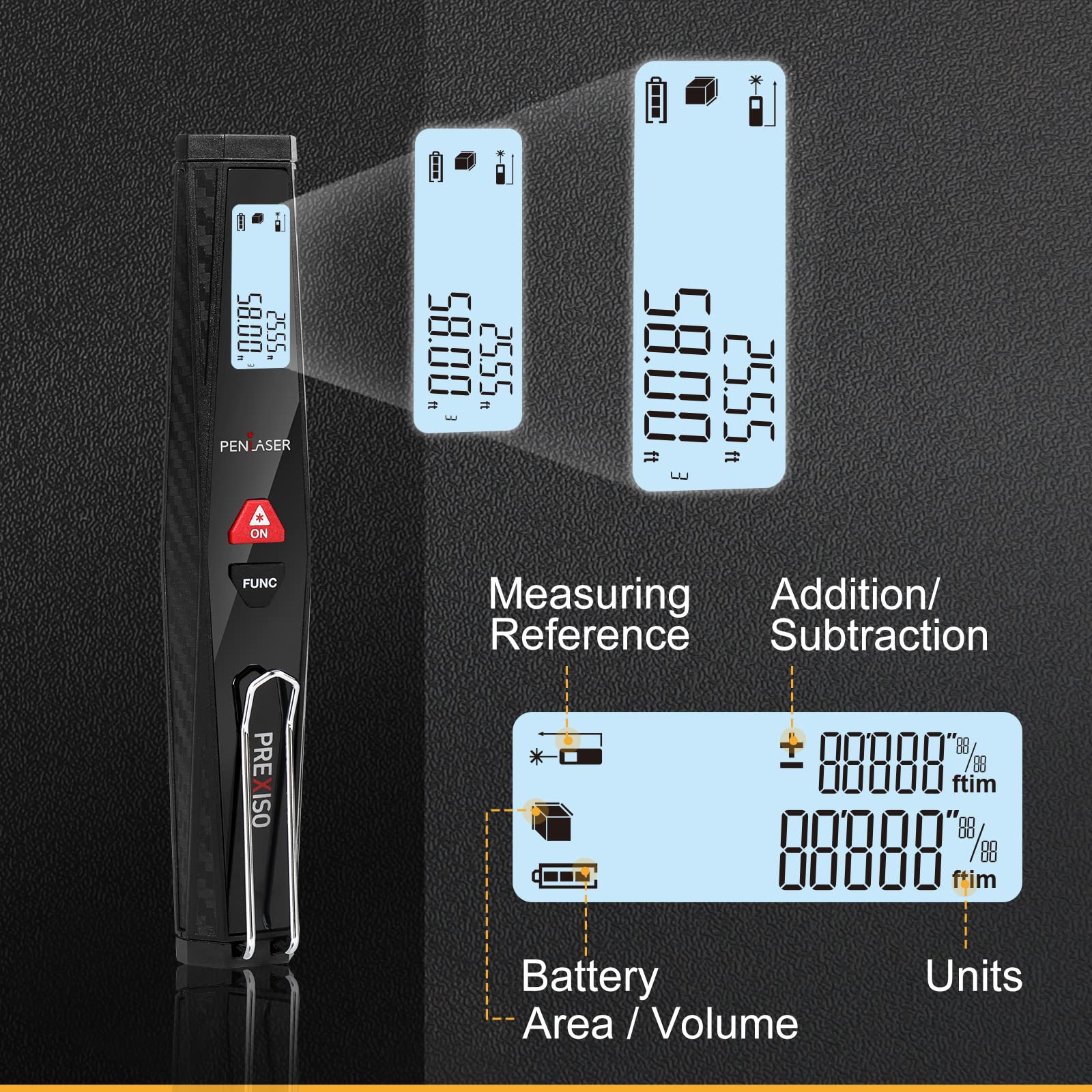 PREXISO Pocket Laser Measurement Tool, 135Ft Laser Distance Meter Backlit Display Laser Measure with Pen Clip Ft/Ft+in/in/M Unit - Pythagorean, Distance, Area, Volume Modes for Home, Industries