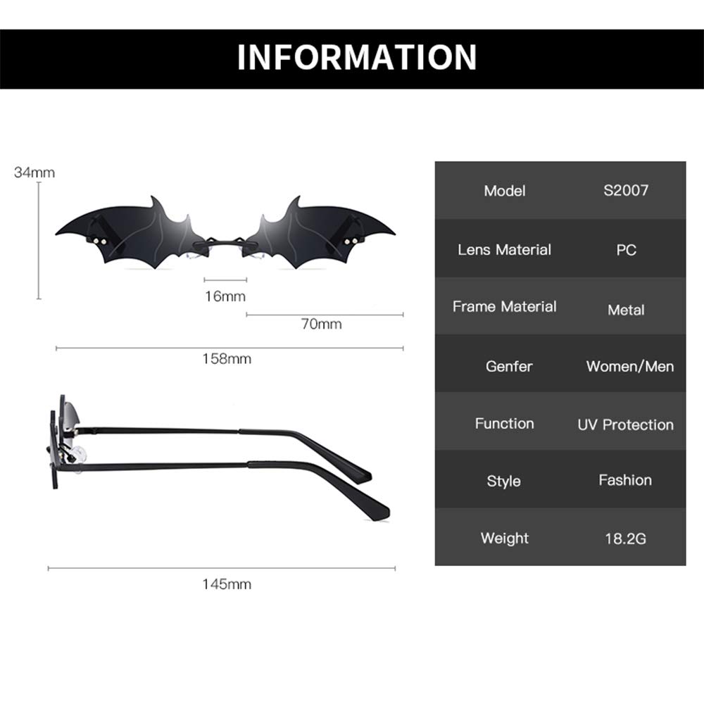 Ovida Bat Sunglasses Rimless Goth Glasses for Women Men Halloween Party Glasses Trendy Eyewear UV 400 Protection