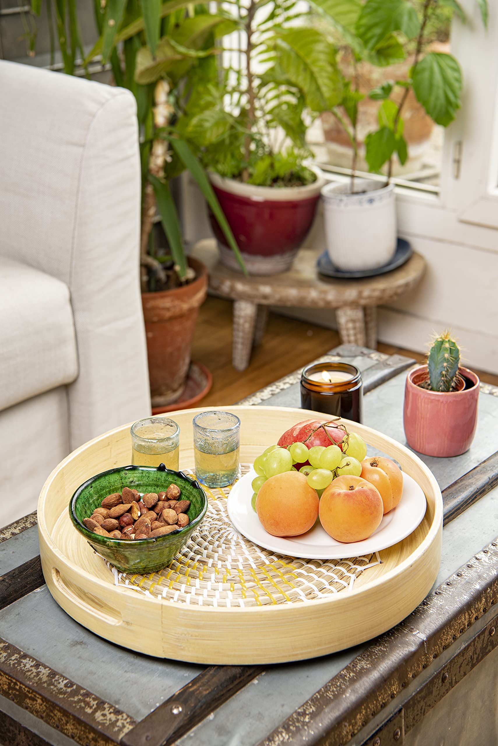 Round seagrass woven tray with handles, bamboo and seagrass tray, handmade decorative tray for table counter piece, coffee table and breakfast tray, wicker fruit basket, , hanging wall basket(14 inch)