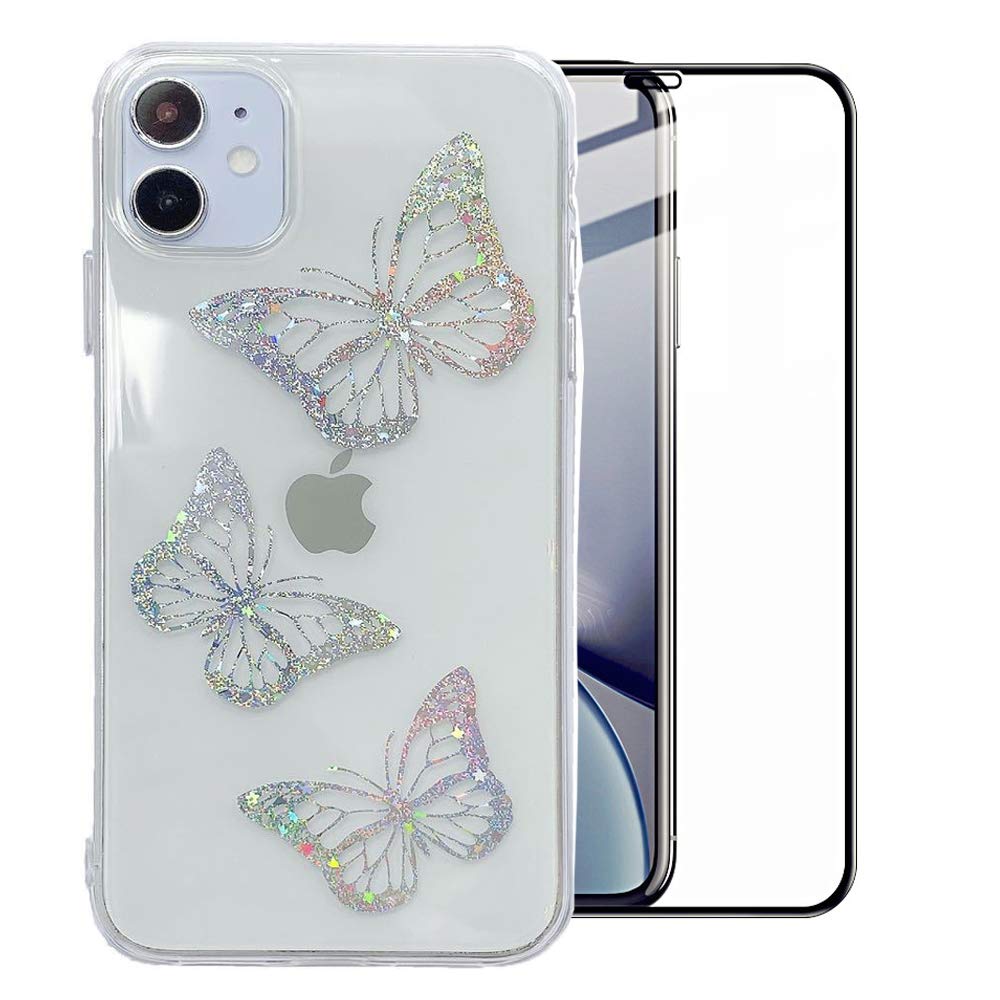 LUSAMYE iPhone 11 Case with Screen Protector, Clear Cute Butterfly Design Soft TPU Electroplated Cover Bling Glitter Cool Slim Trendy Pattern for Girl Women Apple iPhone 11 Phone Case - Butterfly