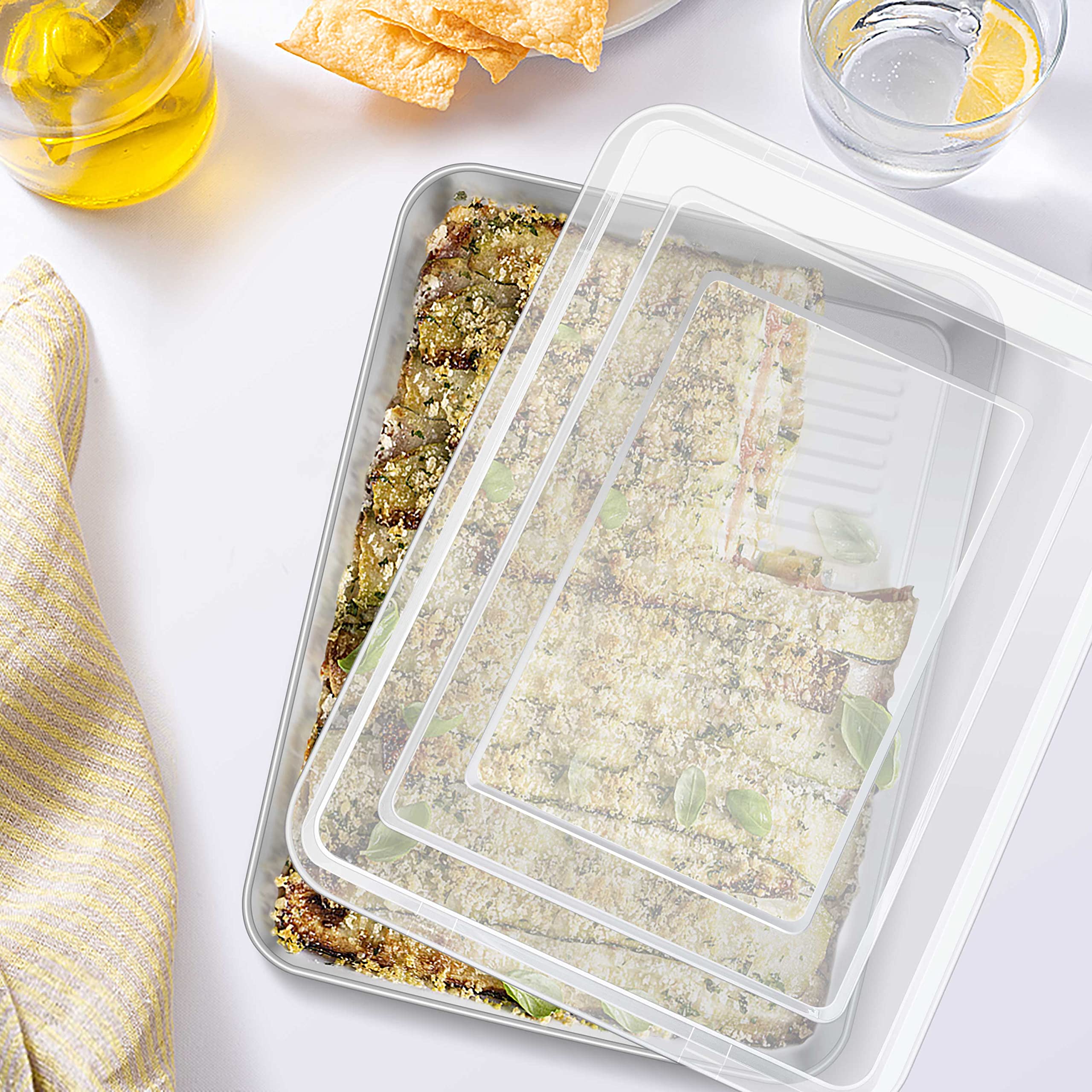TeamFar Rectangular Cake Pan with Lid, 10.5 Inch Stainless Steel Small Baking Roasting Lasagna Cake Pan, Corrugated Bottom & Deep Side, Healthy & Heavy Duty, Dishwasher Safe - (1 Pan + 1 Lid)