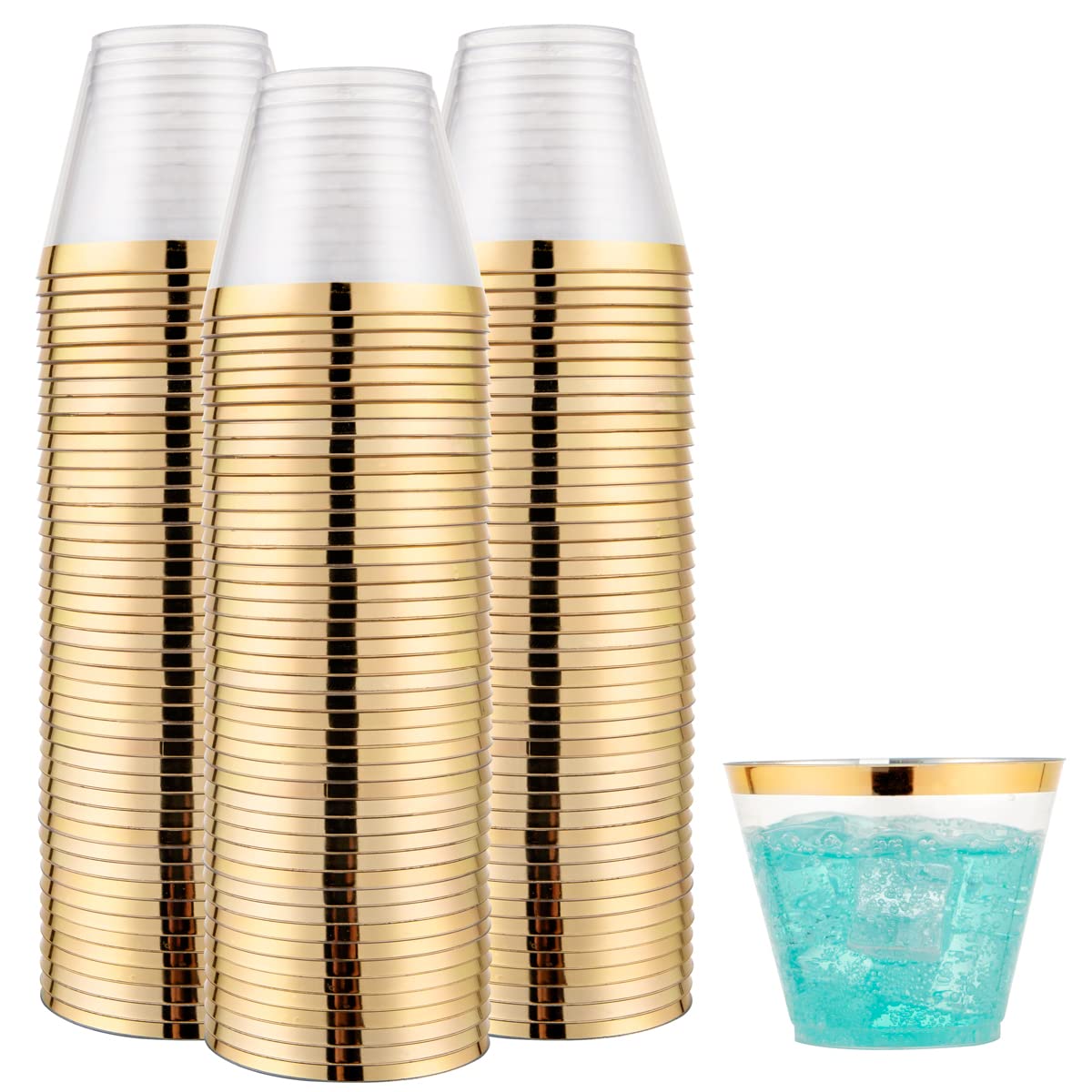 LUODA 150 PACK Gold Rimmed Plastic Cups - 9OZ Disposable Plastic Cups Tumblers, Clear Fancy Weddings Cups, Elegant Party Cups with Gold Rim