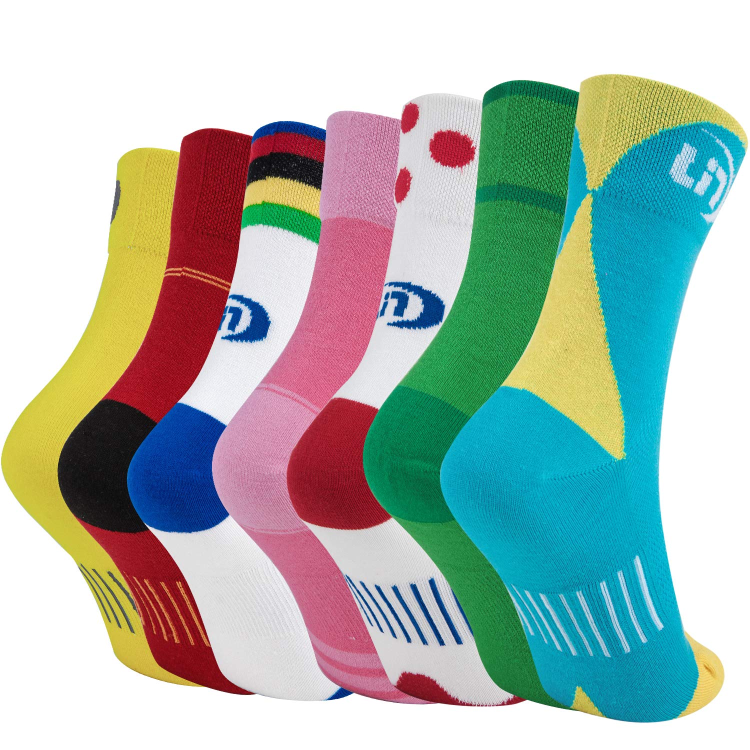 LIN 7 Pack Cycling Socks for Men and Women Funny Color Biking Socks Performance Athletic Crew Socks (L(10-13), Championship Jersey Color)