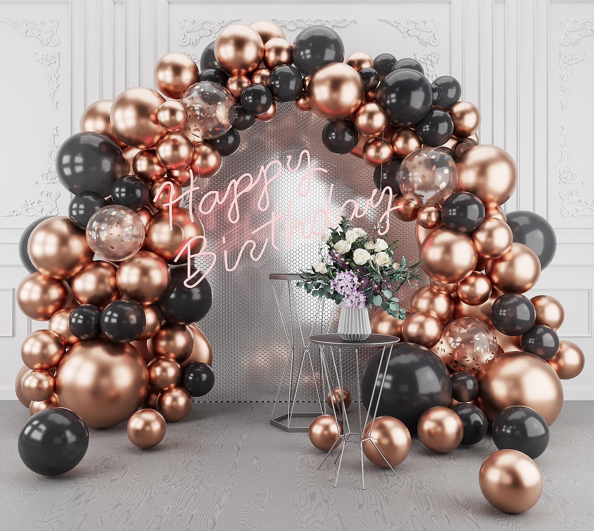 Metallic Rose Gold Black Balloons Arch Garland Kit-148Pcs Balloons for Gender Reveal Birthday Anniversary Baby Shower Graduation Wedding Retirement Party Decoration
