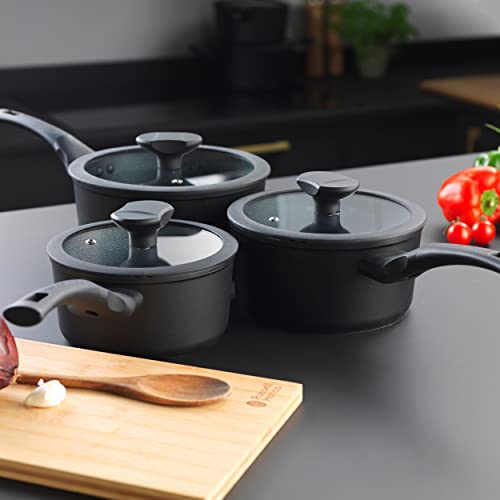 Russell Hobbs RH02131EU7 Saucepan Set, 3 Piece Non-Stick Induction Pans with Lids, 16/18/20cm, Tall Body for Larger Capacity Batch Cooking, Use Little or No Oil, Crystaltech Graphite Collection