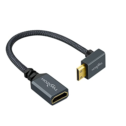 Twozoh Angled Mini HDMI to HDMI Adapter Cable 0.6FT,Nylon Braided Downward Angled 90° Degree Mini HDMI to HDMI Extension Cable Support 3D/4K 1080p