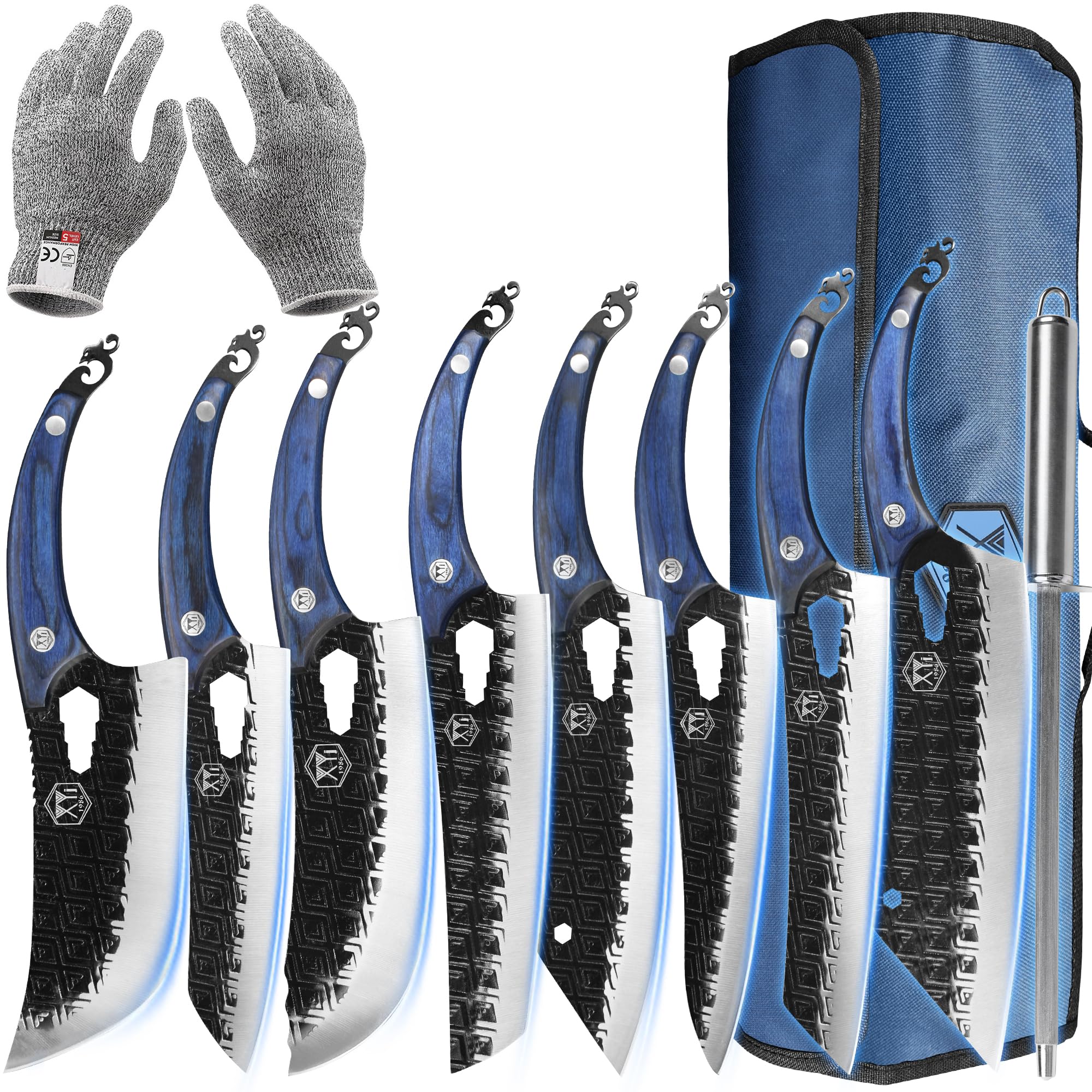 XYJ 4pcs Camping Knife Set,Butcher Meat Knives With Roll Bag,Sharpener,Slicing Cutting Chef Vegetable Kitchen Knife,Full Tang (Coffee)