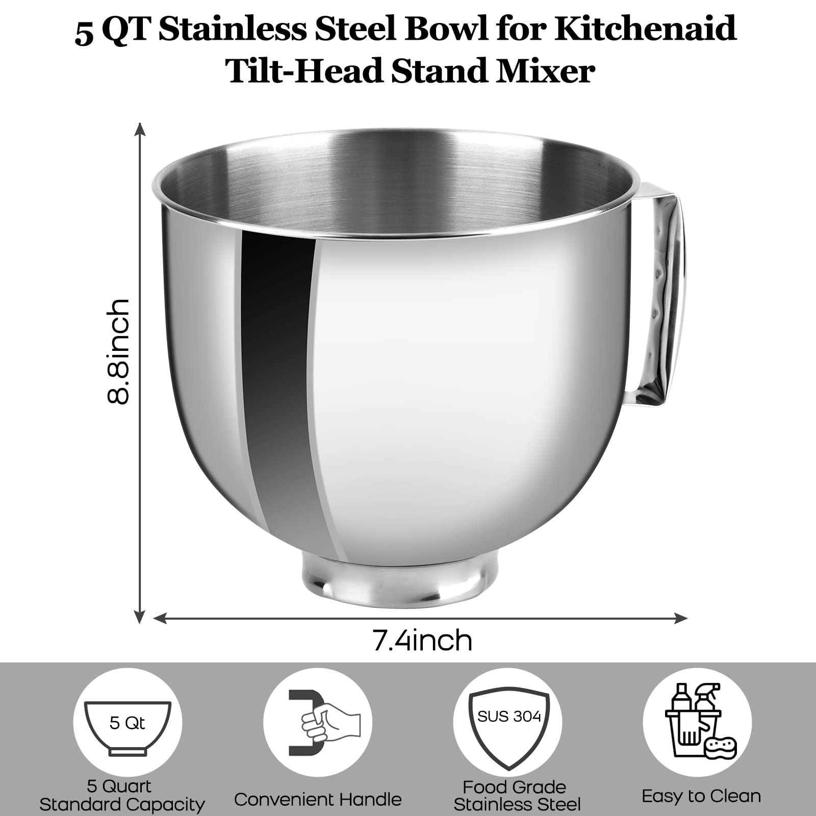 Stainless Steel Bowl Compatible with Kitchenaid Mixer 4.5/5QT,5 Quart Stainless Bowl for Kitchen Aid Mixing