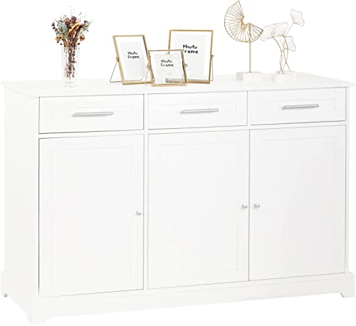 VINGLI Sideboard Cabinet Buffet Table Kitchen Storage Cabinet White Credenza Sideboards and Buffets with Storage Coffee Bar Cabinet with 3 Drawers and Doors for Home Kitchen, Dining Room, Living Room