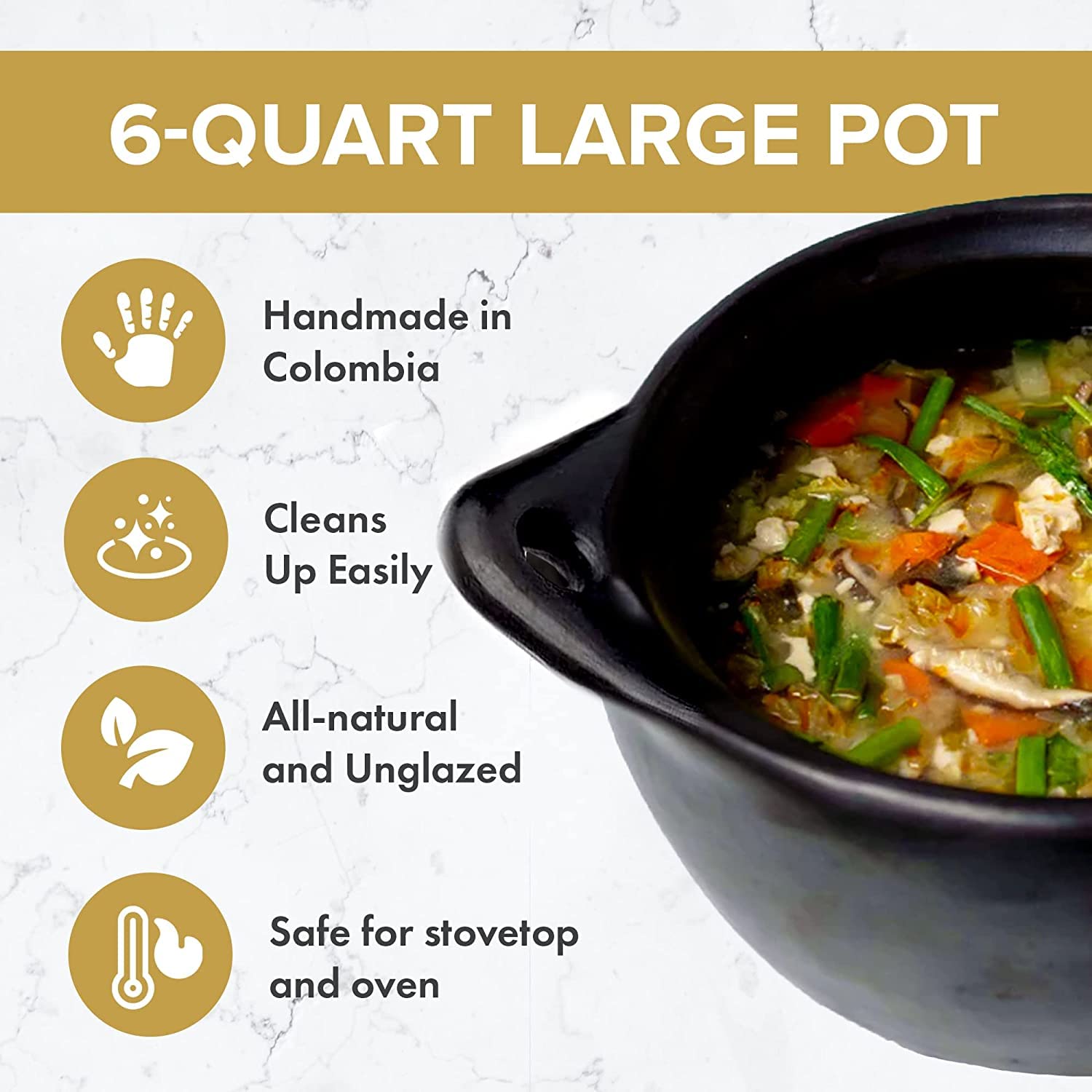 Toque Blanche Clay Pot Essentials - Versatile Clay Cooking Pots, Handmade Earthenware Cookware - Perfect for Cooking Soups, Stews, and More | Black - 6-Quart Large Pot with Handle & Lid