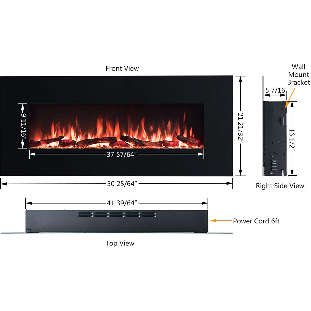 PuraFlame Serena 50 Inches Wall Mounted Linear Electric Fireplace with Log Set & Crystal, Adjustable Flame Color and Speed, 750 / 1500W Heater, Remote with Timer, 50.38 x 5.44 x 21.63 inches, Black