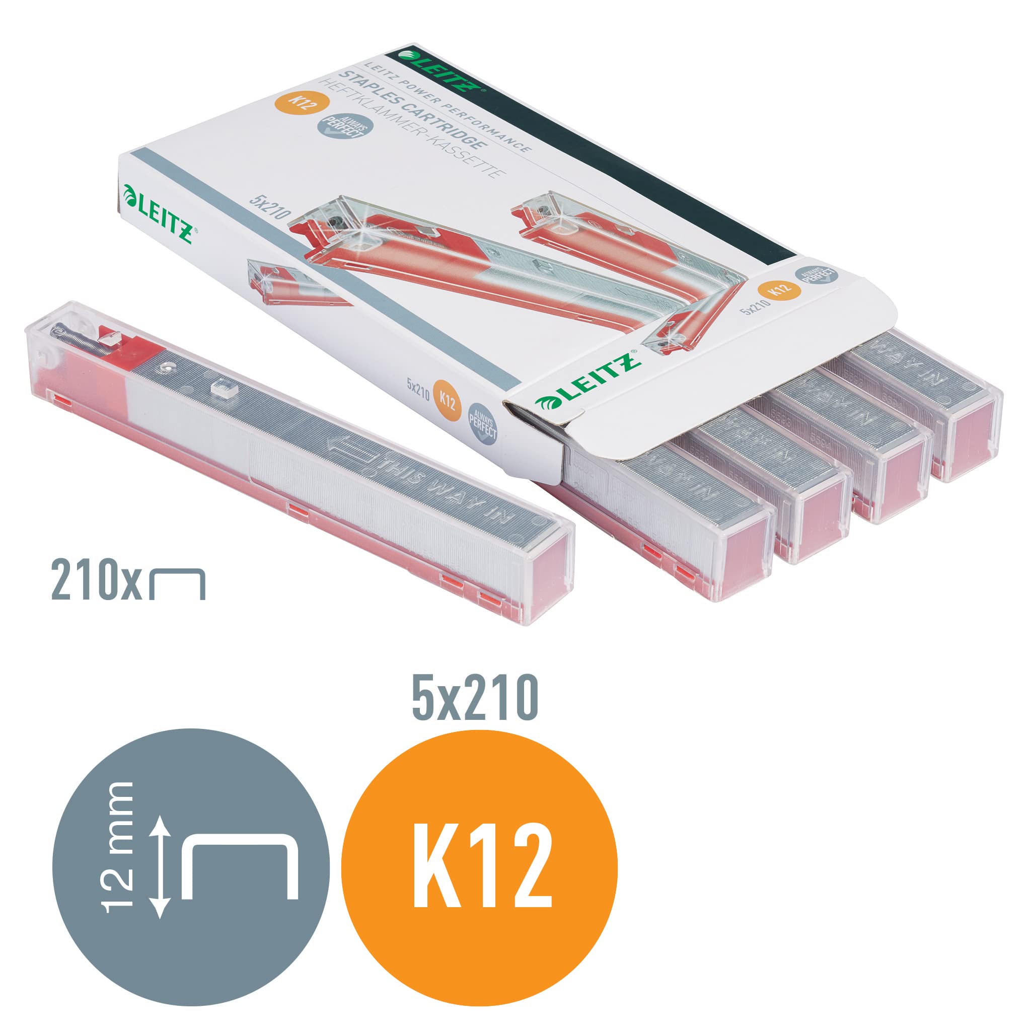 Leitz 55940000 K12 Stapler Cartridge, Strong Steel, Length 12 mm, 1050 Staples, 80 Sheet Capacity - Red