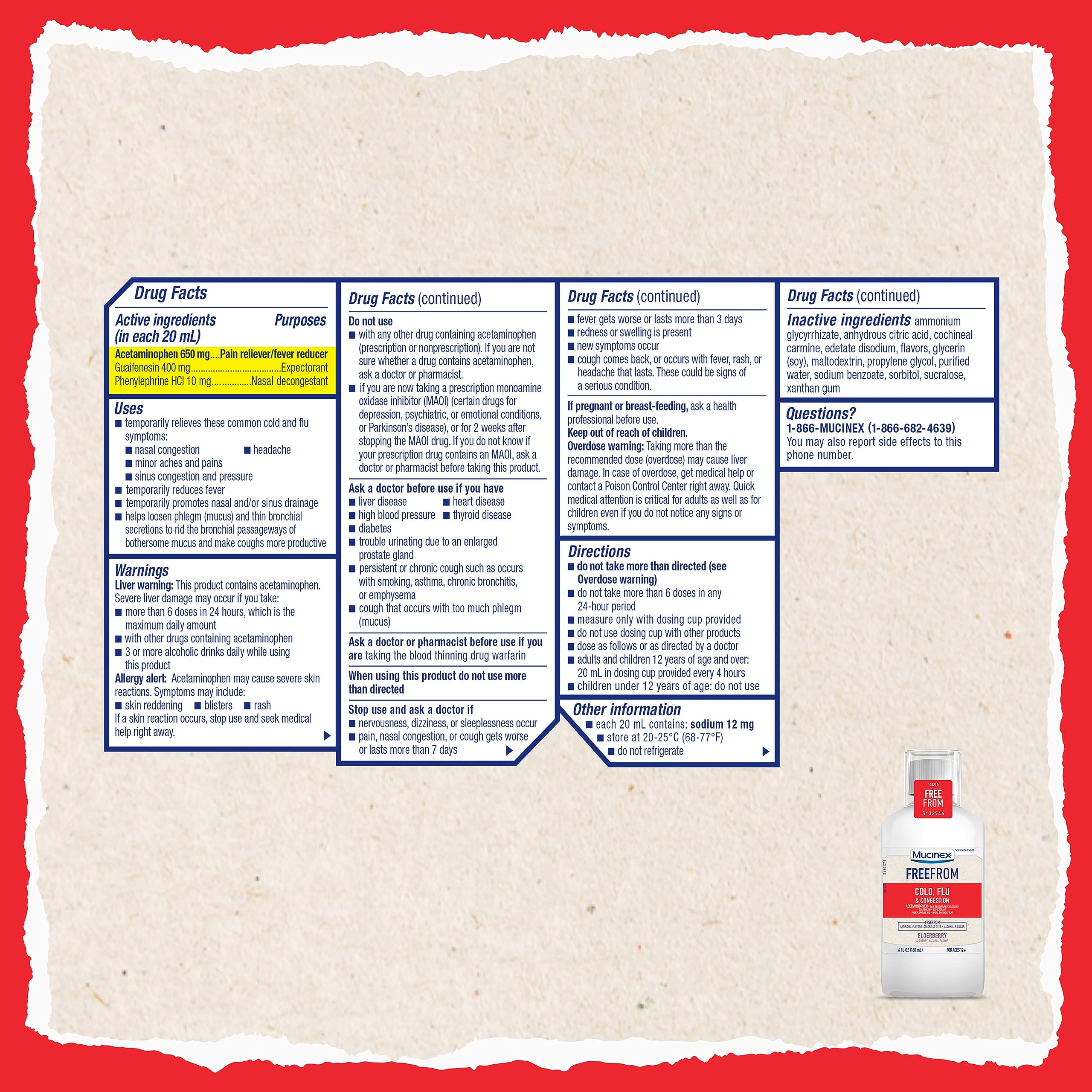 Mucinex FreeFrom Cold, Flu & Congestion, Multi-Symptom Relief, Cherry, 6 Fl Oz